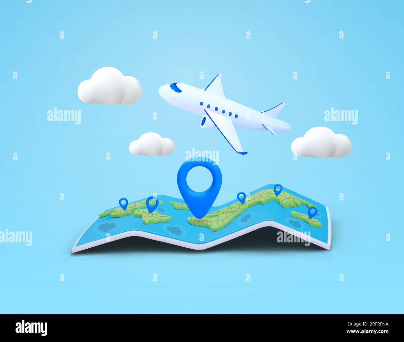 3d world map with pin marker icons, flying airplane, clouds, isolated ...