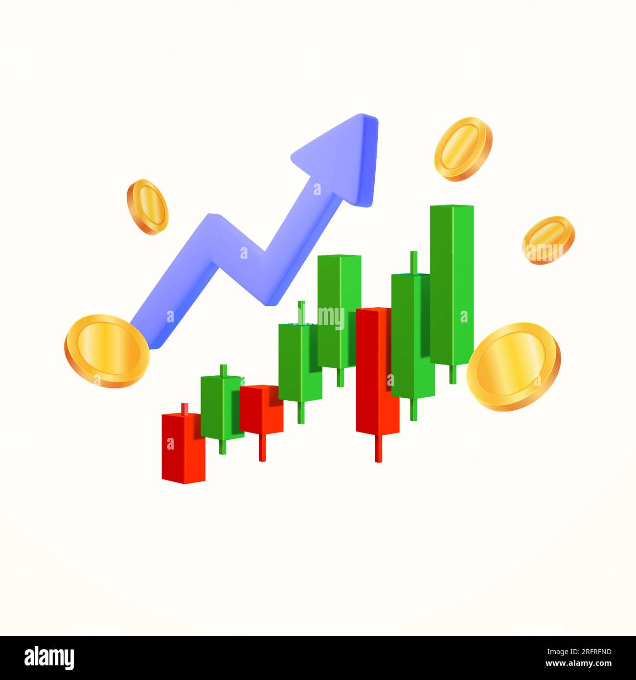 3d growing Japanese candlestick chart with line arrow, coins, isolated ...