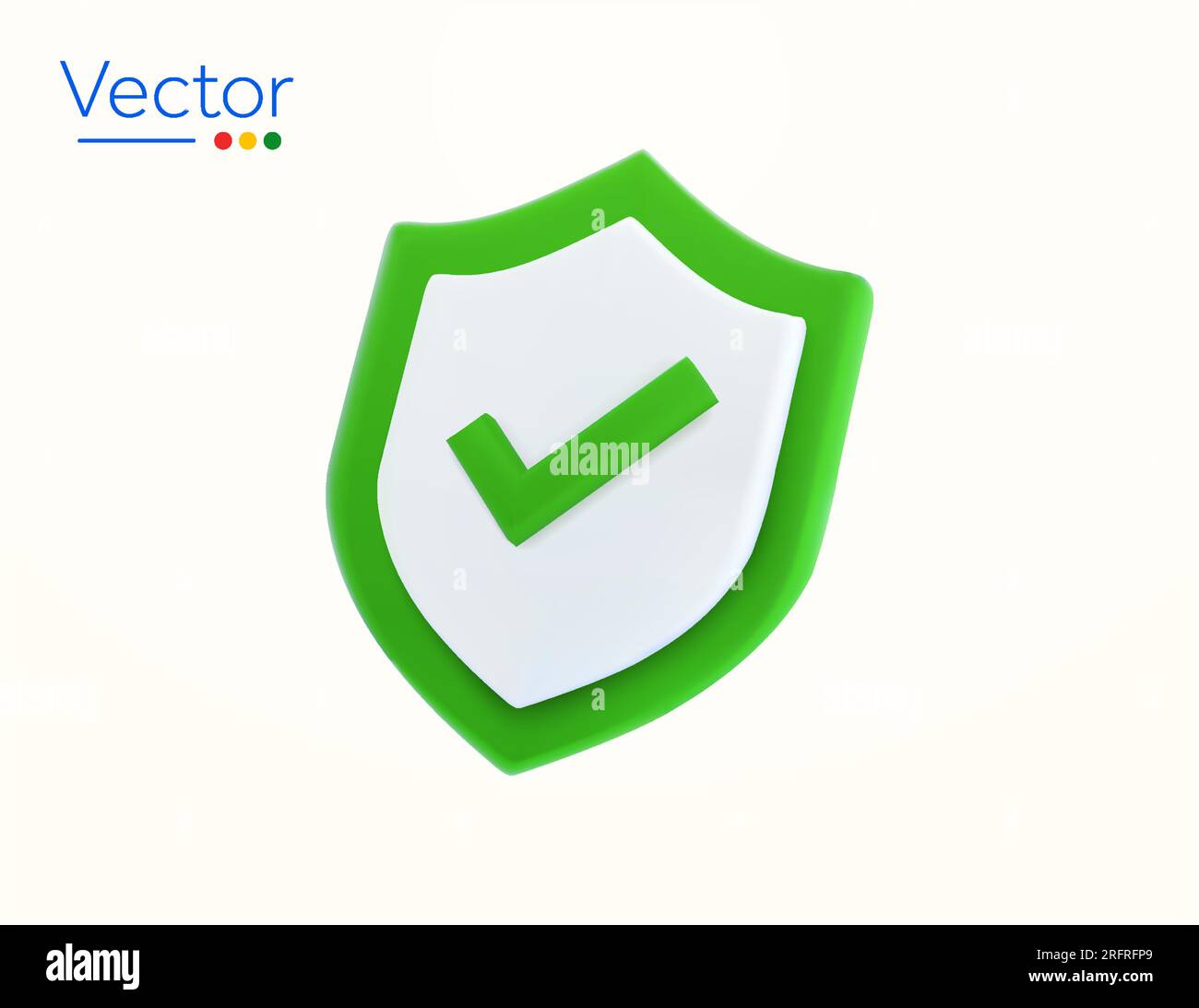 3d green shield icon with check mark, isolated on white background. Protection symbol, network ...