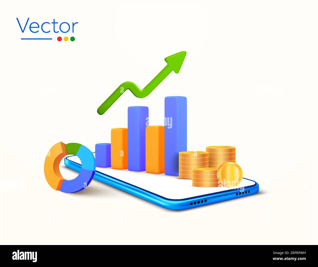 3d smartphone with growing column chart, green arrow, stacks of coins ...