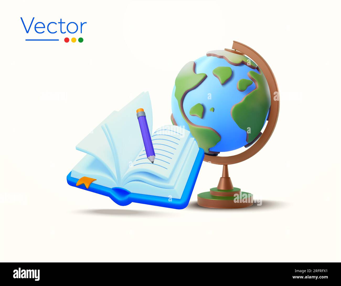 3d opened notebook with writing pencil, globe or earth, isolated on ...