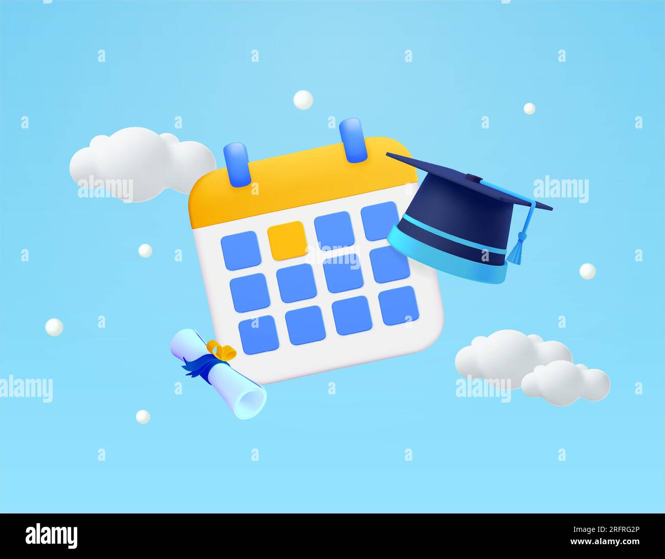 3d flying calendar with graduation cap or hat in the sky, diploma ...