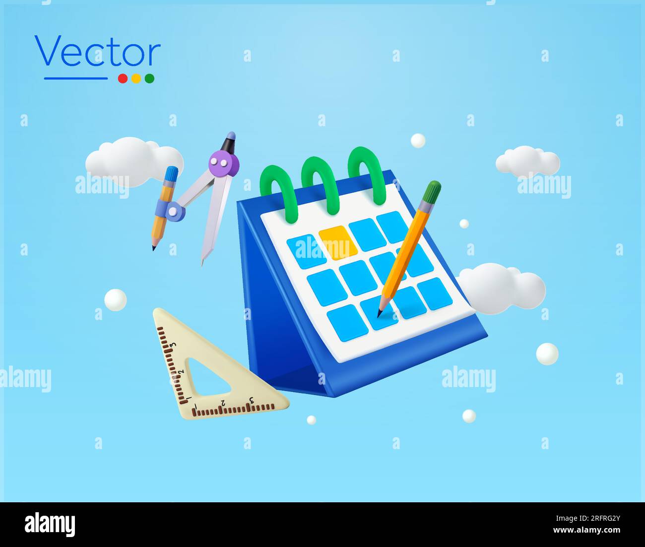 3d flying calendar with pencil, triangle ruler, geometric compass in ...