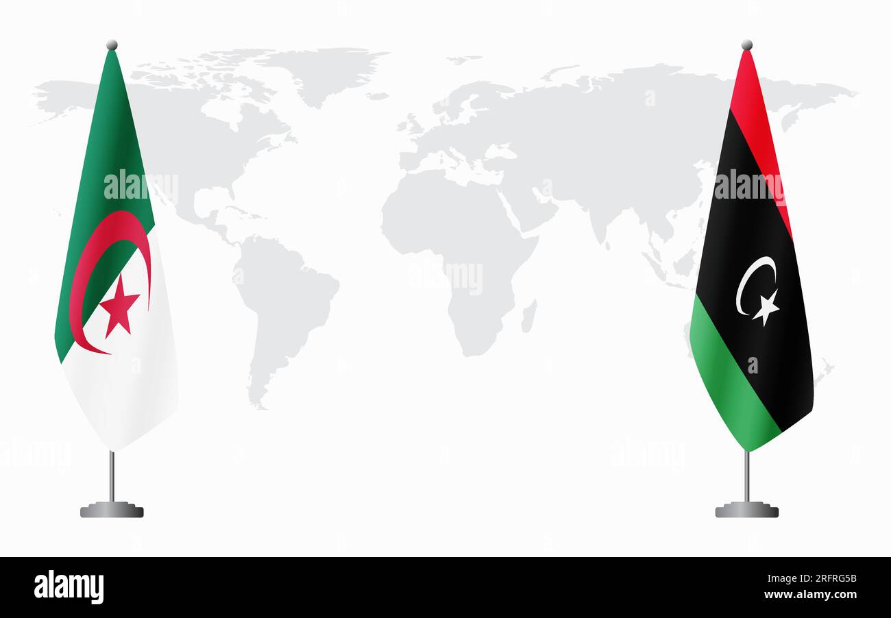 Algeria and Libya flags for official meeting against background of ...