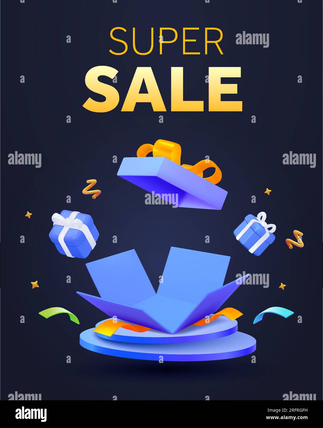 3d opened, exploded or collapsed gift box with ribbon, podium, confetti ...