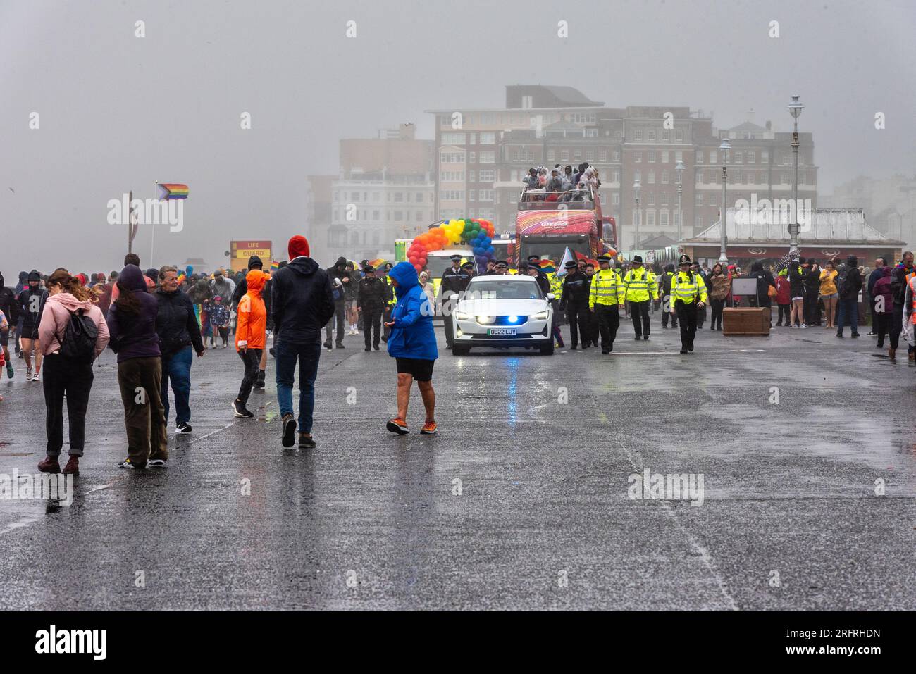 Brighton,UK. 5th August 2023. View through the wind and rain down Hove ...