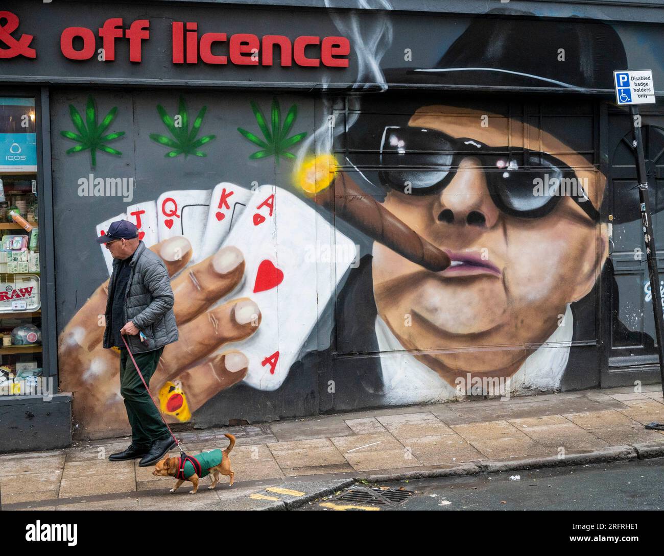 Brighton UK - Man with small dog walks past a Glimmer Twins mural of ...