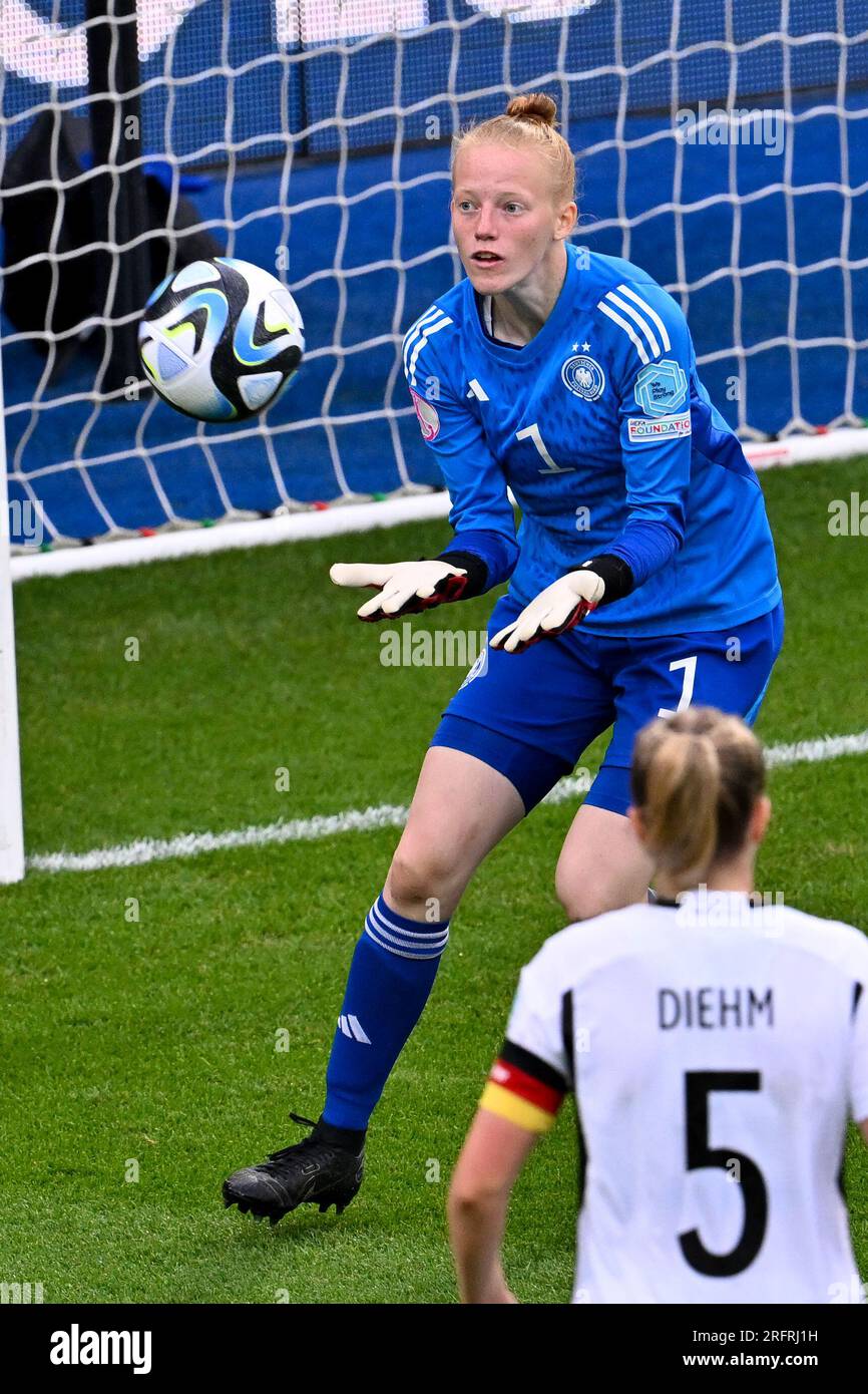 goalkeeper Rebecca Adamczyk (1) of Germany pictured during a female soccer game between the ...