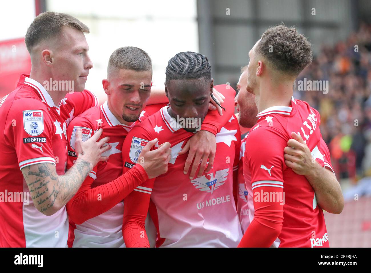 Devante Cole #44 of Barnsley celebrates his goal to make it 4-0 during ...