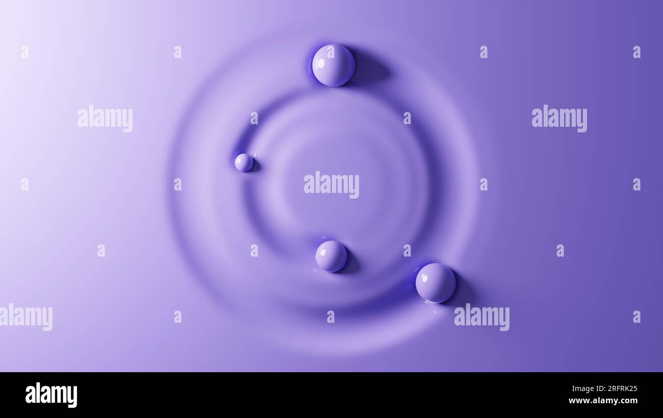 Four balls roll in a circle on a soft surface. Top view of spheres in ...