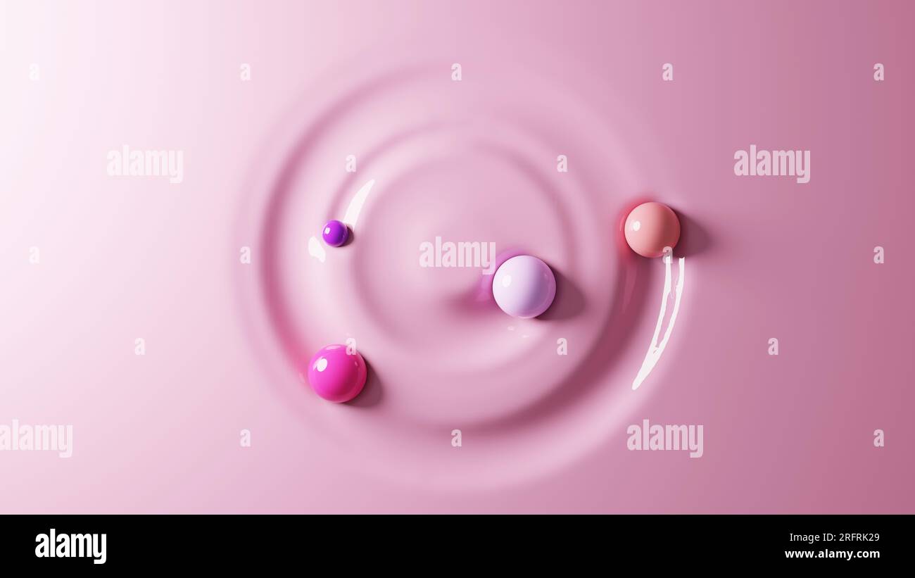 Four balls roll in a circle on a soft surface. Top view of spheres in ...