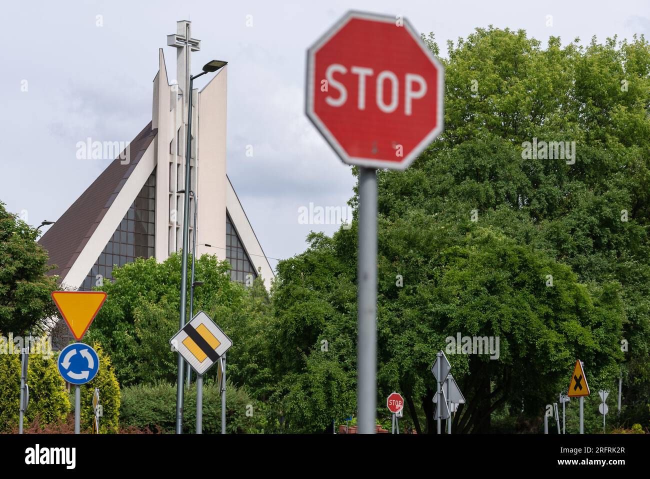 Street with road Signs and Traffic Symbols in Poland. Bicycle square ...