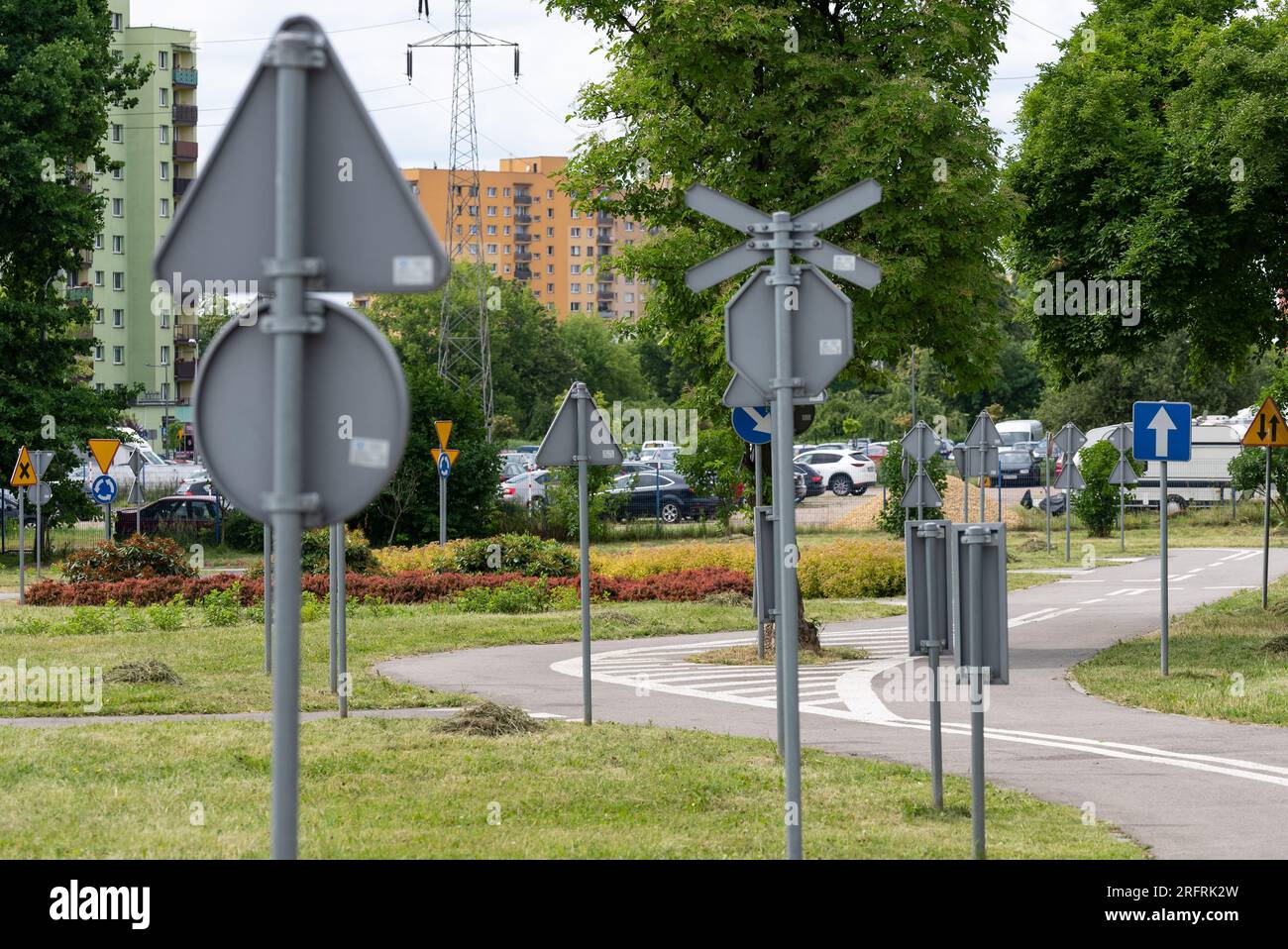 Street with road Signs and Traffic Symbols in Poland. Bicycle square ...