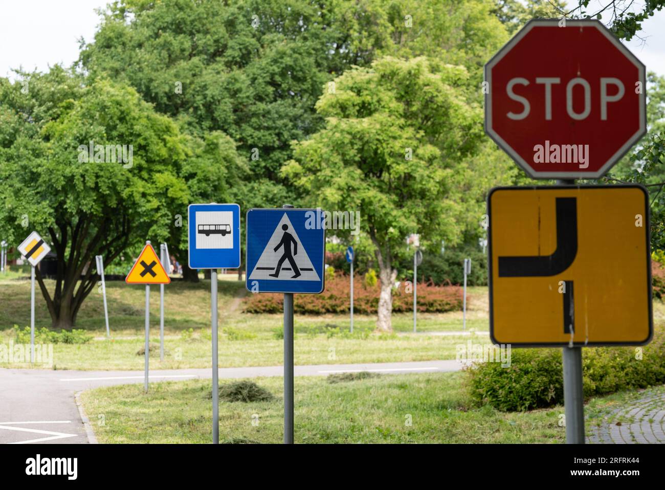 Street with road Signs and Traffic Symbols in Poland. Bicycle square ...