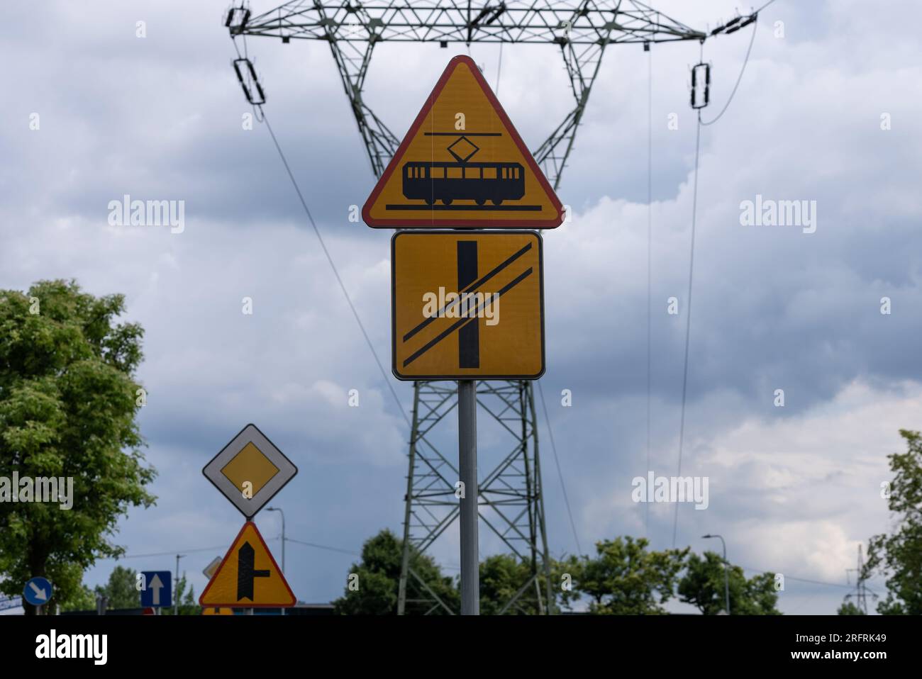 Street with road Signs and Traffic Symbols in Poland. Bicycle square ...