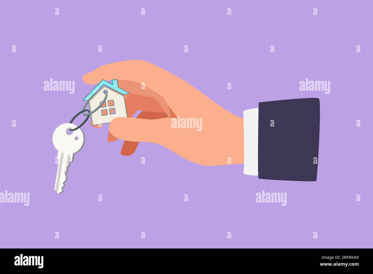 Cartoon flat style drawing businessman hand holds key for rent house ...