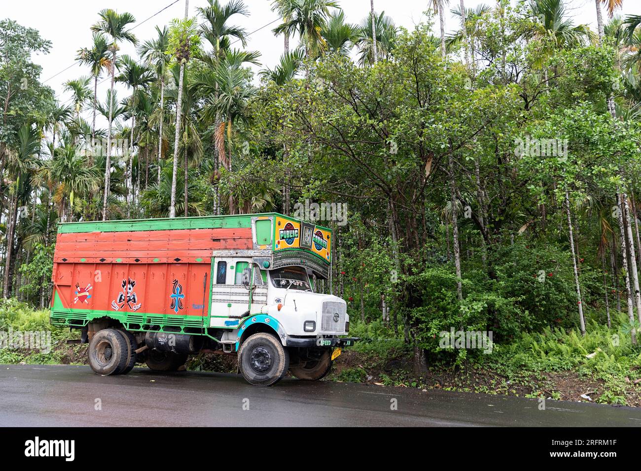 Typical colorful truck on the road by dense forest in Assam, Northeast ...