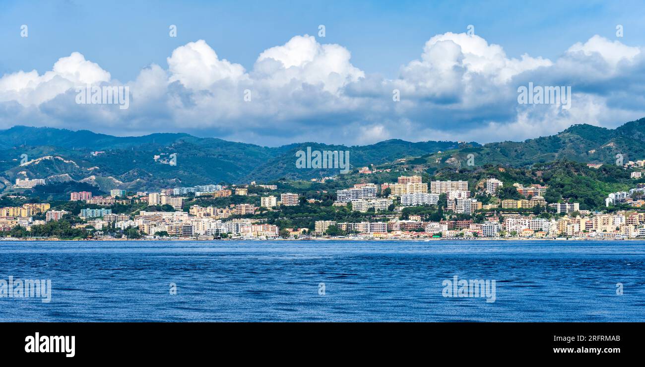 Panoramic view of the city of Messina from the Straits of Messina in ...