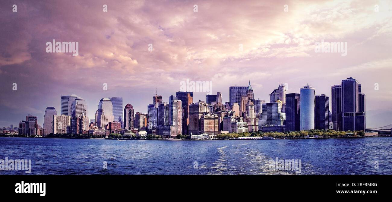 The towers of Lower Manhattan, New York City, fill the horizon. (Circa ...