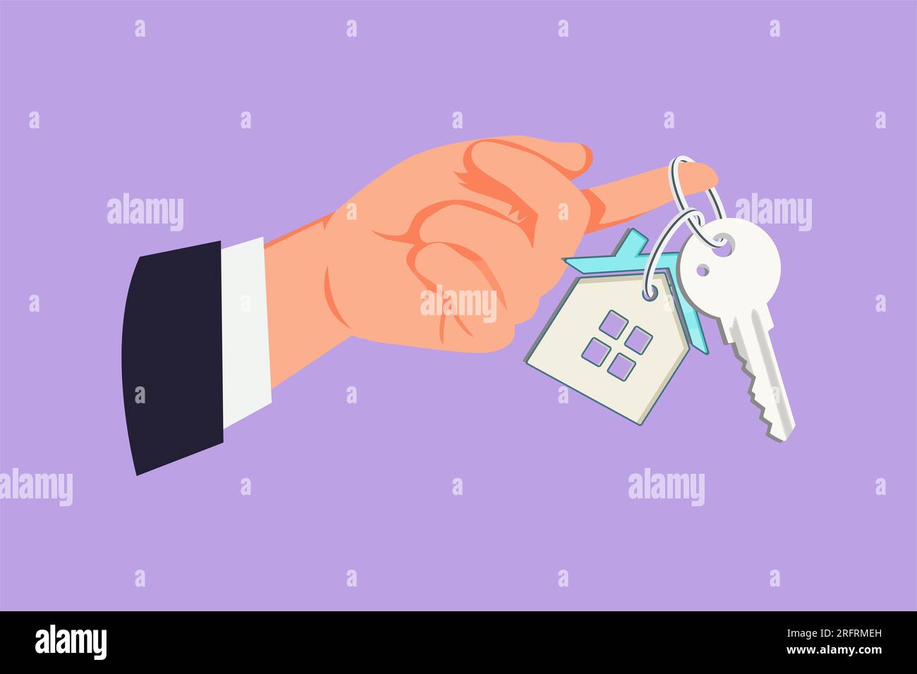 Cartoon flat style drawing hand hold a key of house or apartment symbol ...