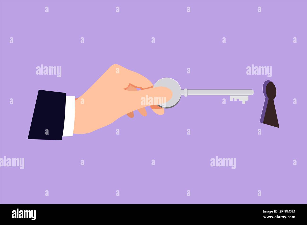 Cartoon flat style drawing of key in hand holds businessman to open ...