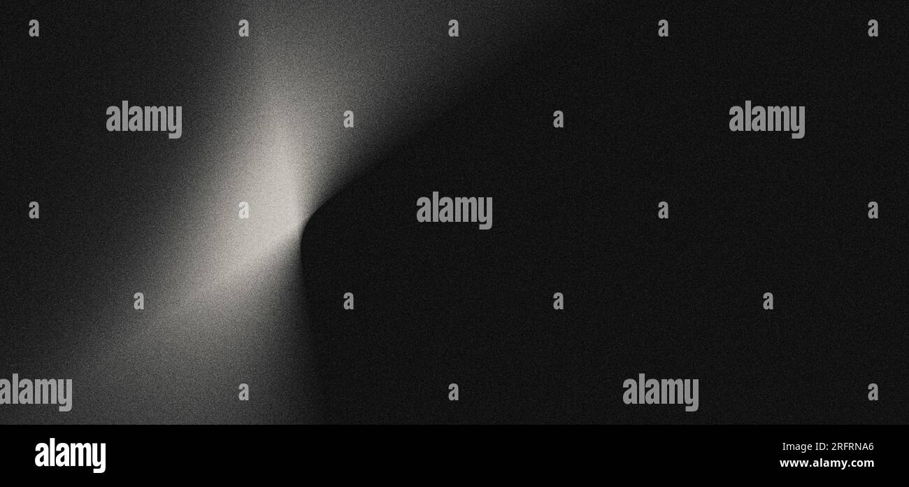 Grey black white glowing abstract gradient shape on black grainy background minimal header cover ...