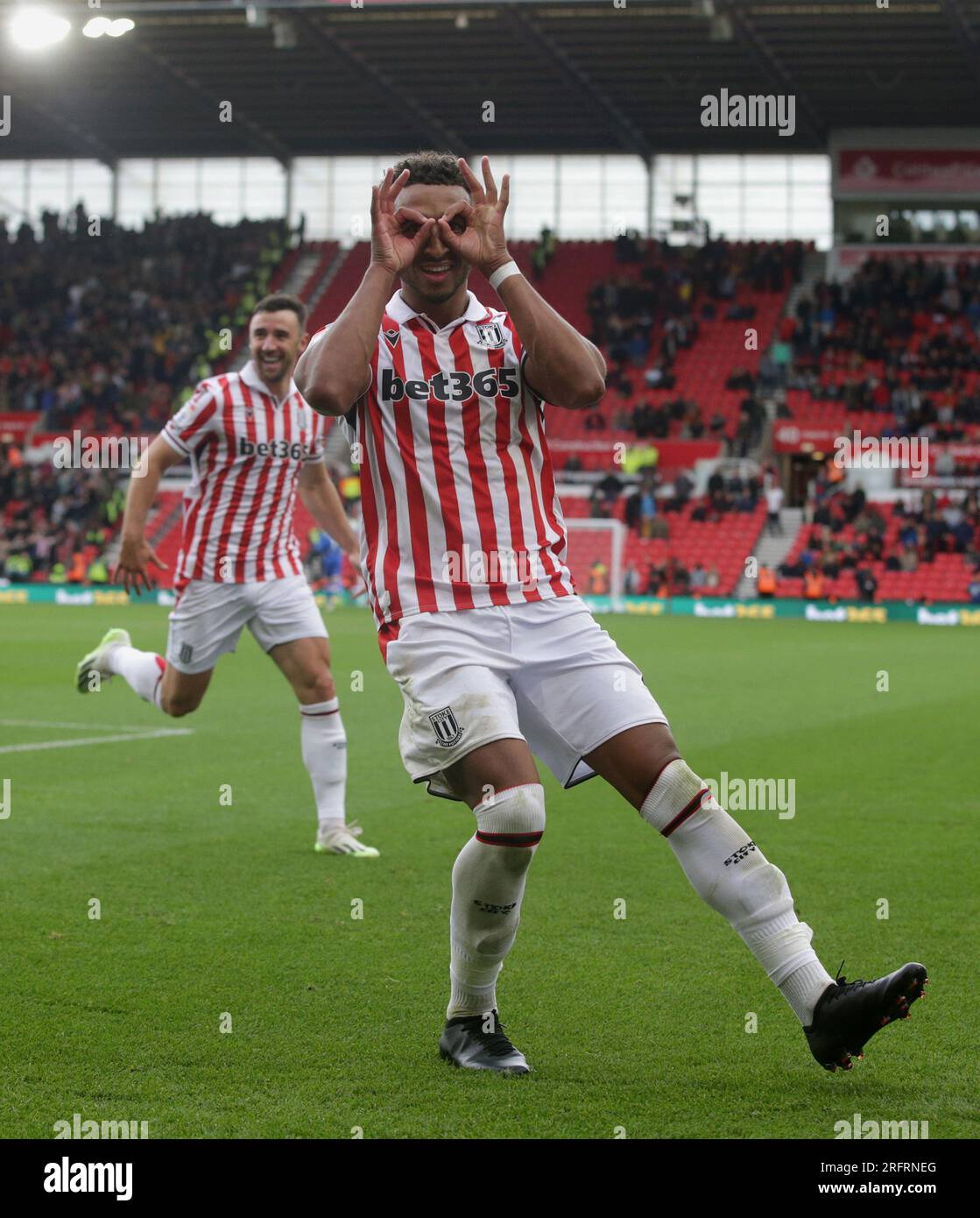 Stoke City's Jacob Brown celebrates scoring their side's fourth goal ...