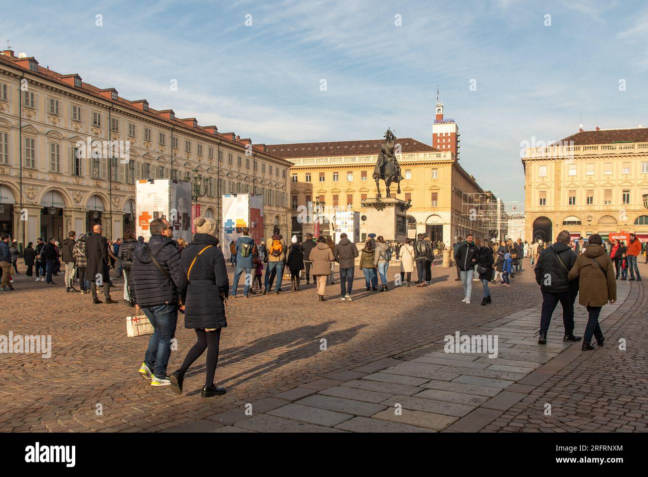 People walking in Piazza San Carlo, one of the main square of Turin ...