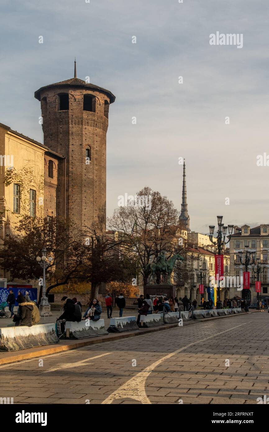 Piazza Castello with a tower of the Casaforte degli Acaja fortress ...