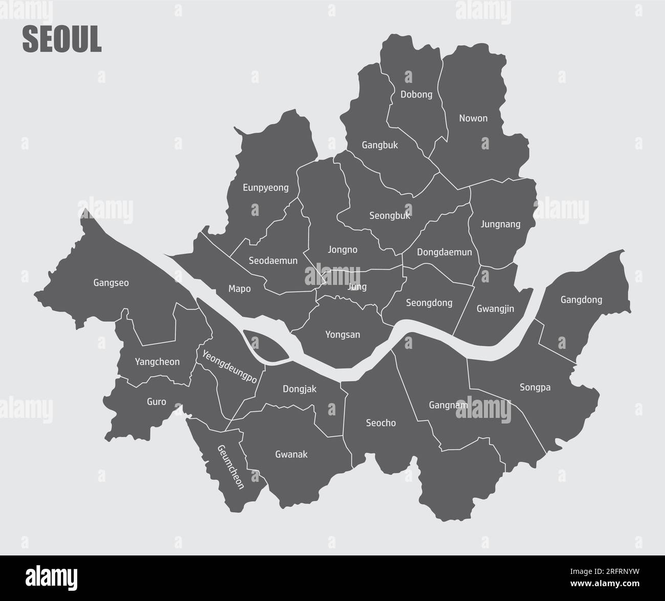 Seoul administrative map isolated on gray background, South Korea Stock ...