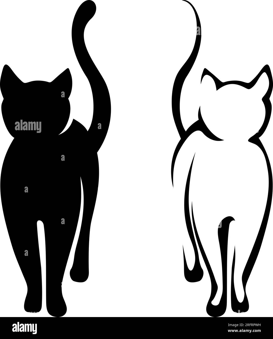 Cats. Black silhouette and contour drawing of a cat isolated on a white ...
