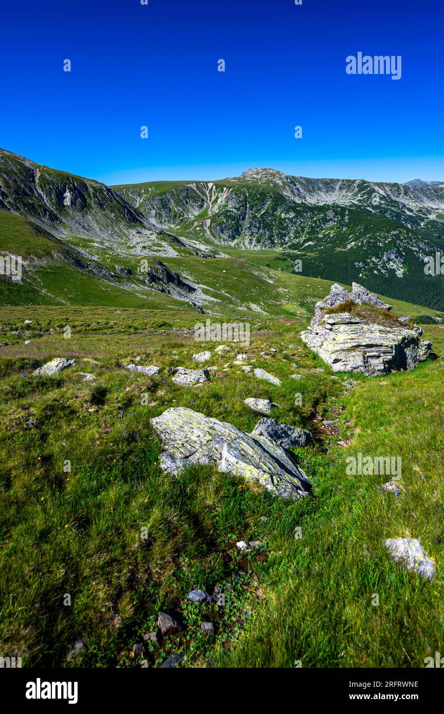 Summer day mountain landscape. Green rocky mountains and a blue sky ...