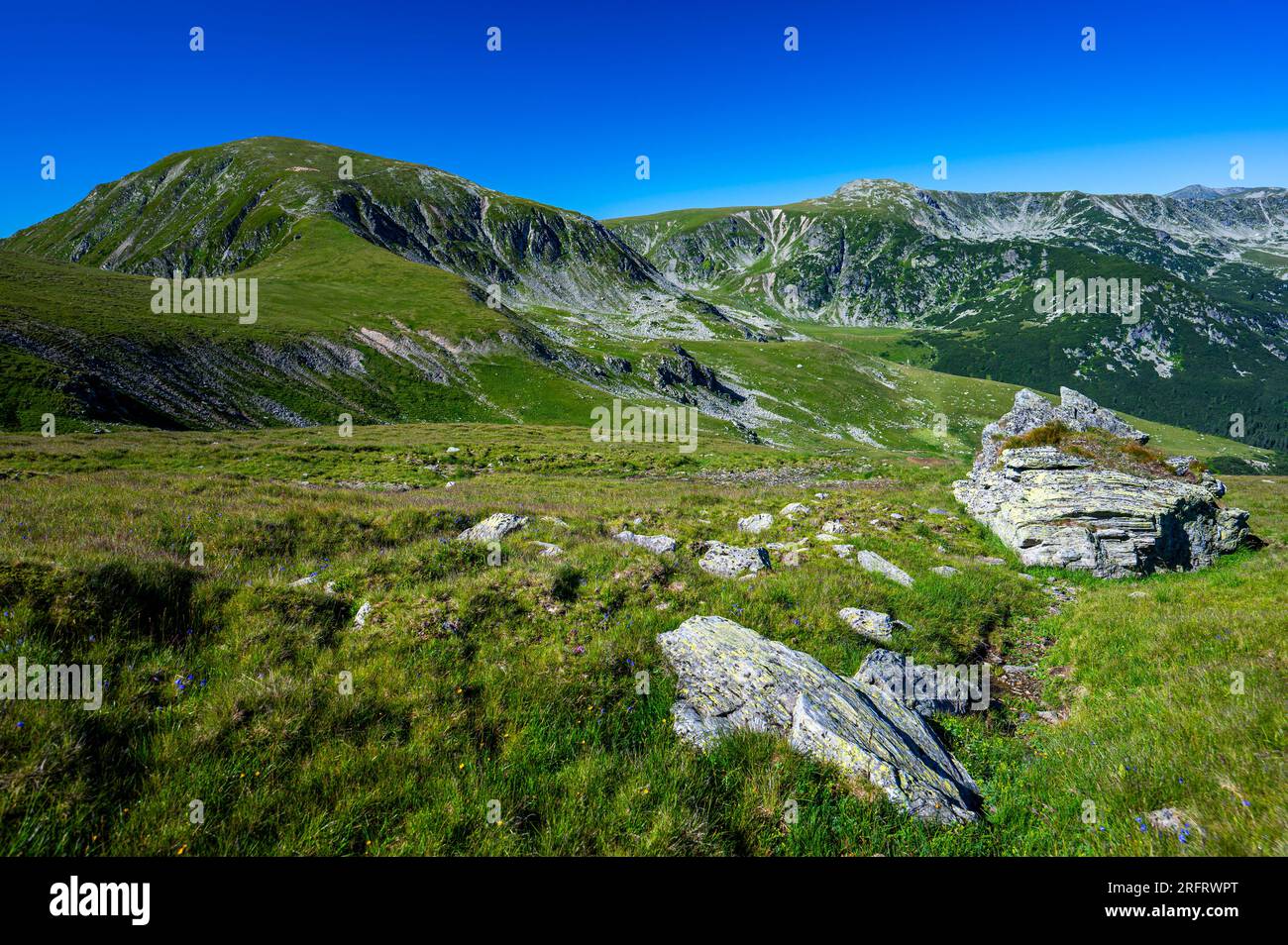 Summer day mountain landscape. Green rocky mountains and a blue sky ...