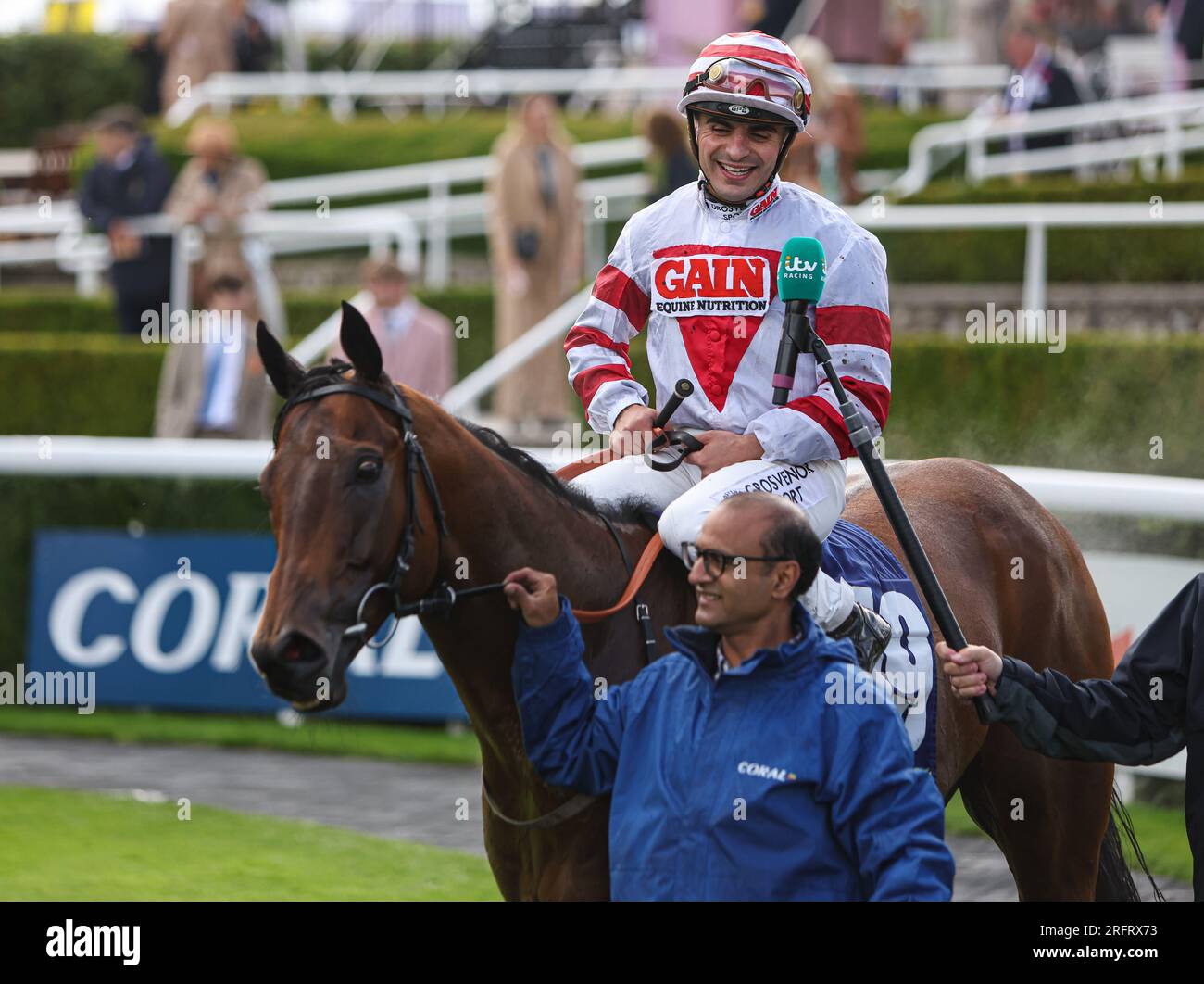 Jockey Andrea Atzeni on Aberama Gold after winning the Coral Stewards ...