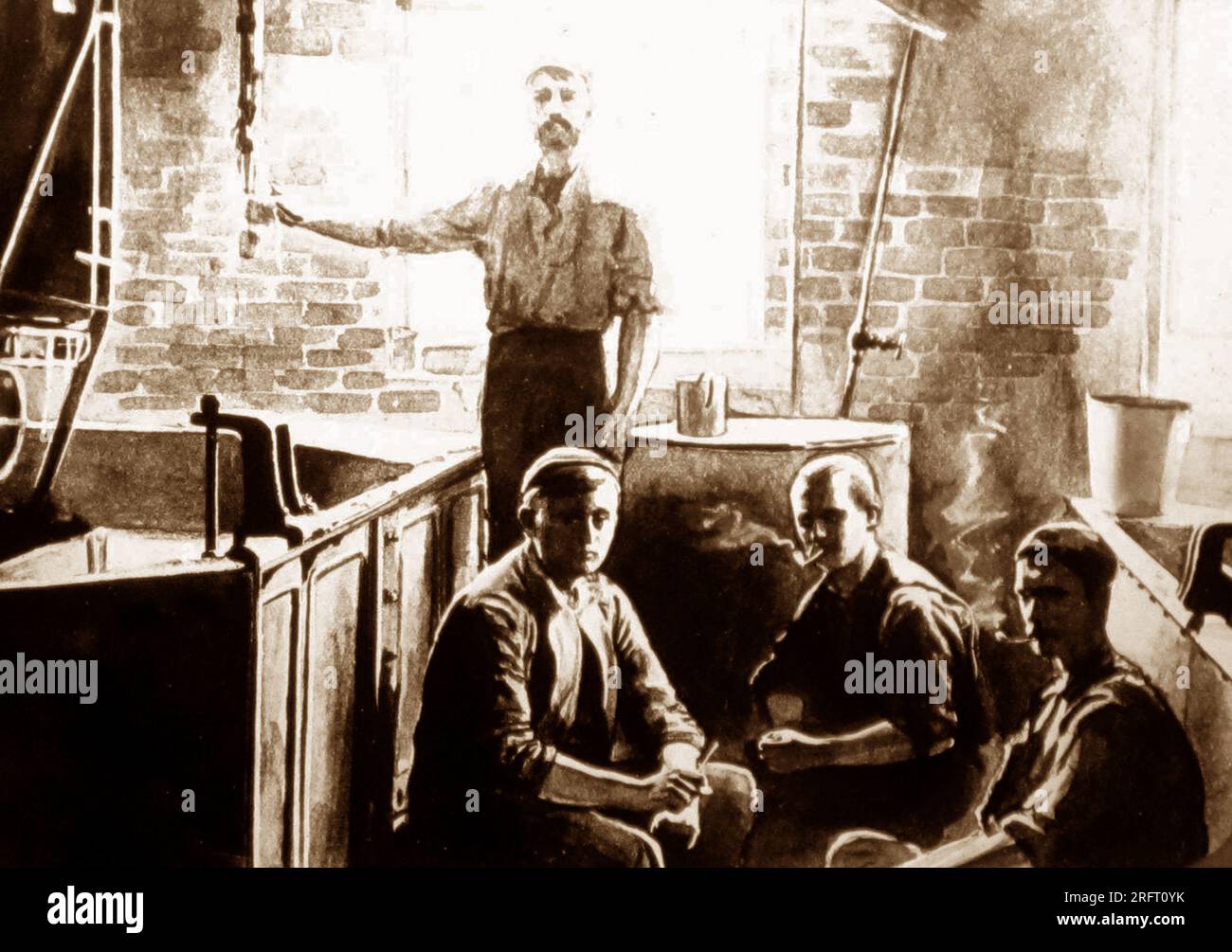 Illustration of workers taking a break in a dye-house in the 1850s ...