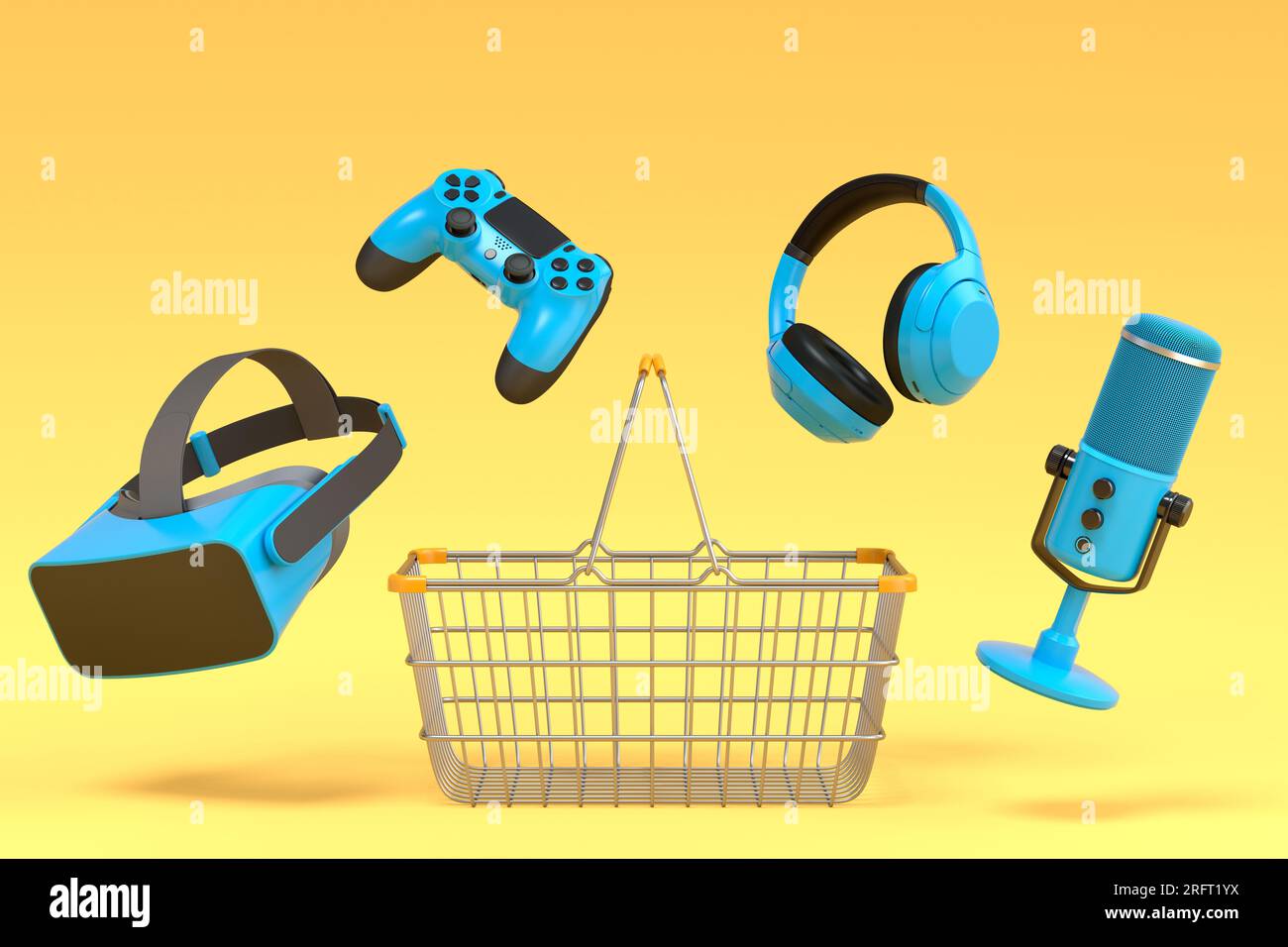 Flying gamer gears like mouse, keyboard, joystick, headset, VR Headset ...