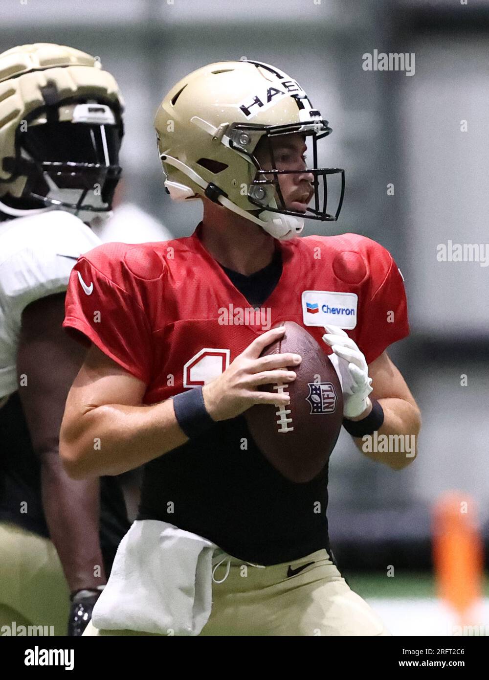 Metairie, USA. 05th Aug, 2023. Quarterback Jake Haener (14) attempts a ...