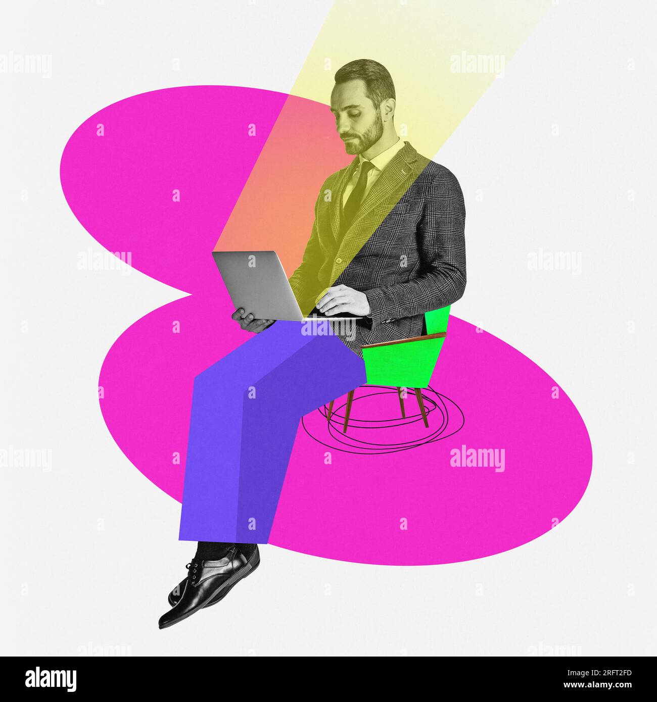 Creative collage of huge clever man use modern netbook sitting on small ...