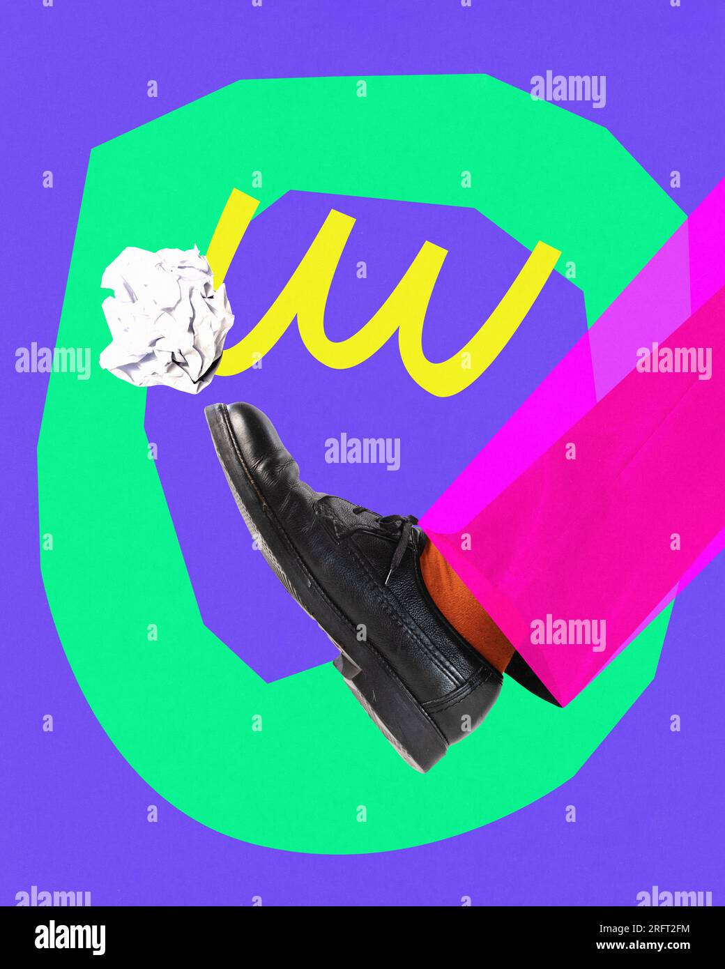 Contemporary art collage. Leg of angry man kicking, throwing away trash ...