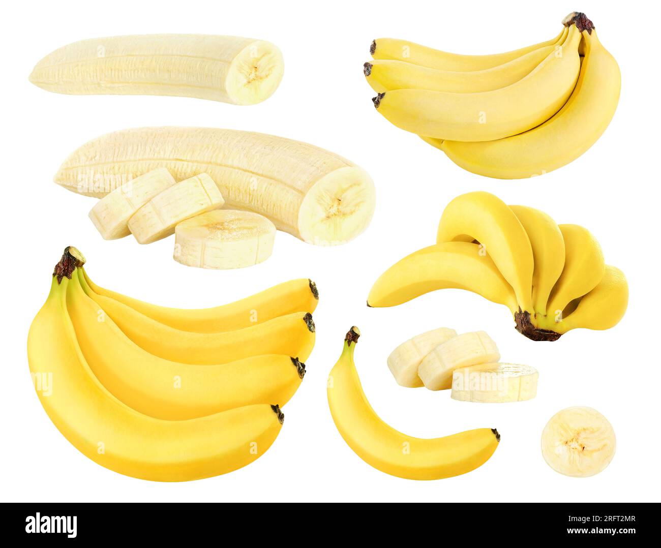 Collection of banana fruits whole, peeled and cut isolated on white ...