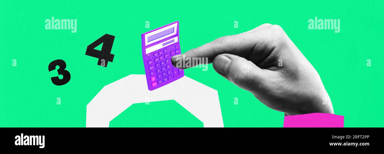 Art collage with huge human hand touch with finger bright violet ...