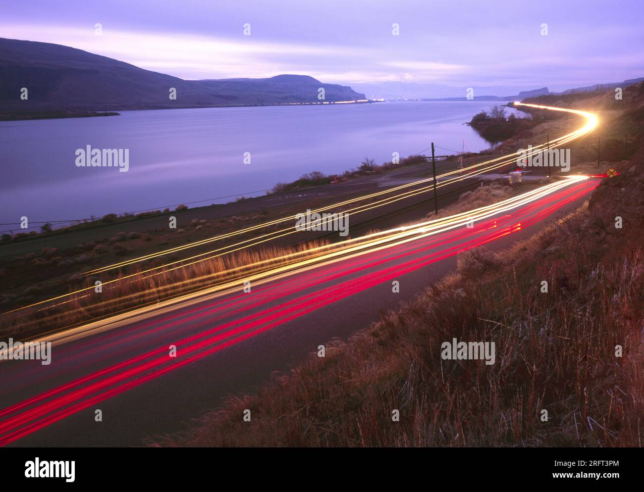 Washington State route 14 and train follow the Columbia River Gorge ...