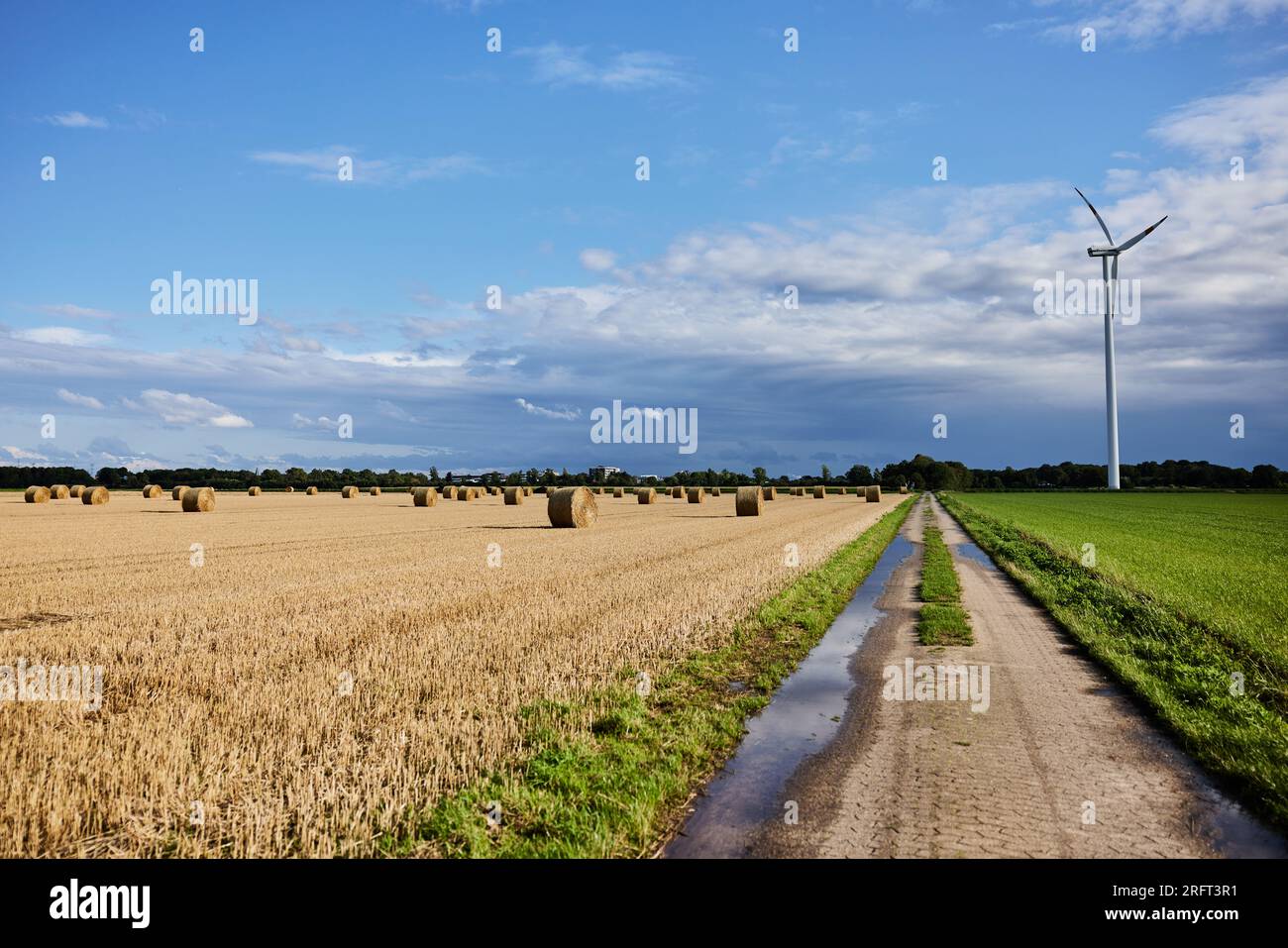 Wind turbines and straw bales lie in a field Stock Photo - Alamy