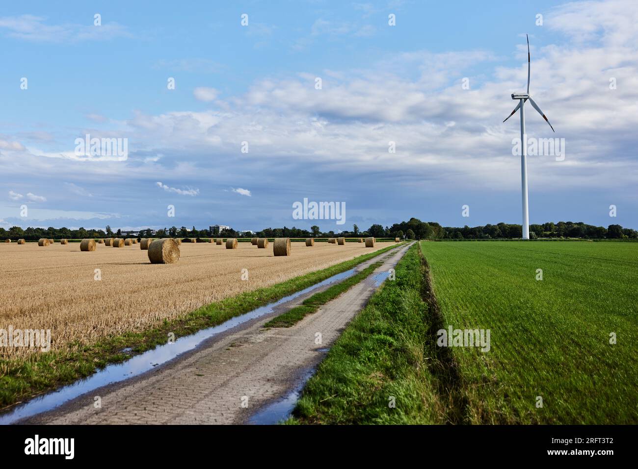 Wind turbines and straw bales lie in a field Stock Photo - Alamy