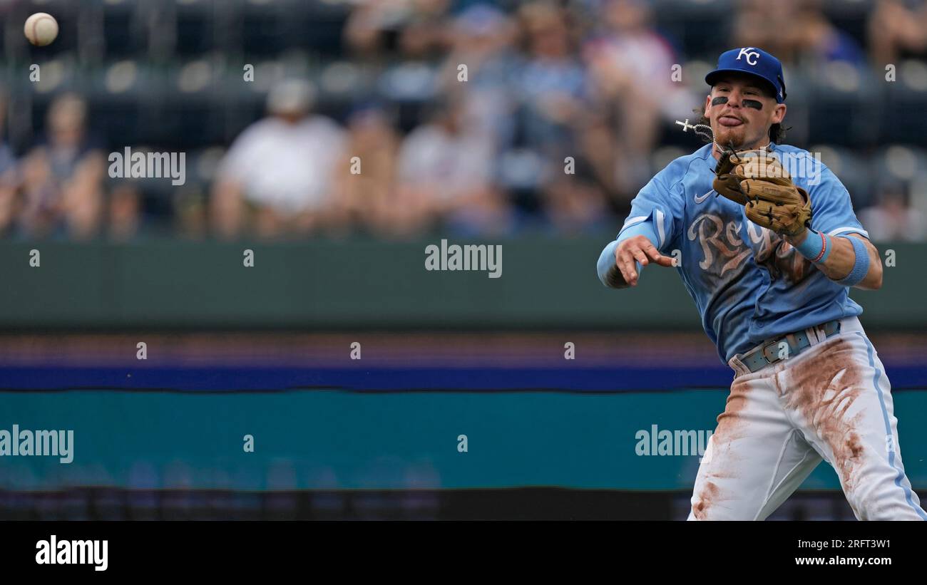 Kansas City Royals shortstop Bobby Witt Jr. throws to first during the ...