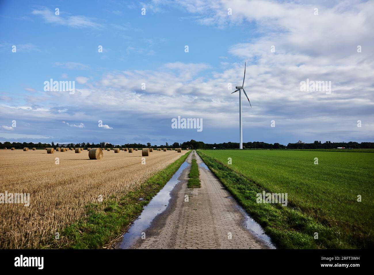 Wind turbines and straw bales lie in a field Stock Photo - Alamy