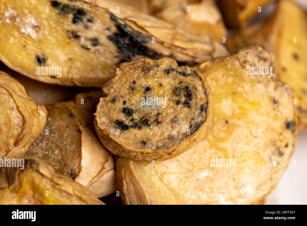 Spoiled and covered with mold sliced ginger, spices spoiled food ...