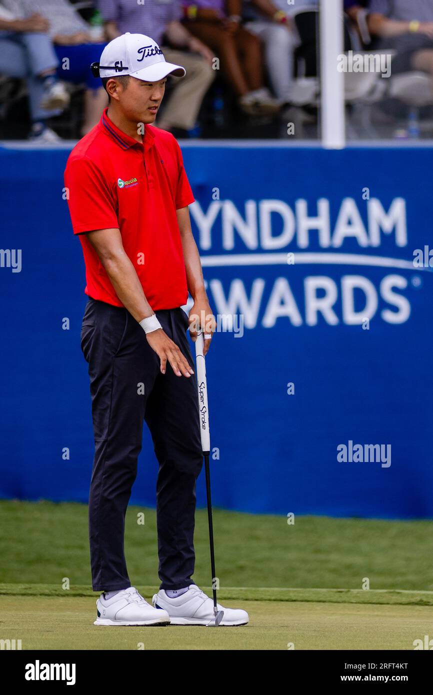 August 5, 2023: Michael Kim reacts as he misses a birdie putt on ...