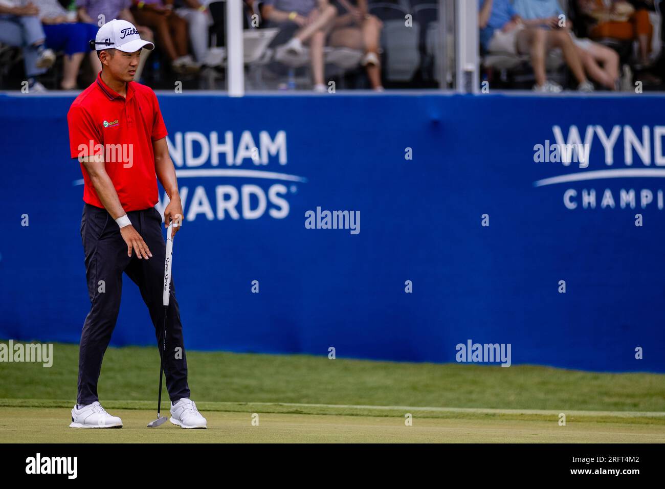 August 5, 2023: Michael Kim reacts as he misses a birdie putt on ...