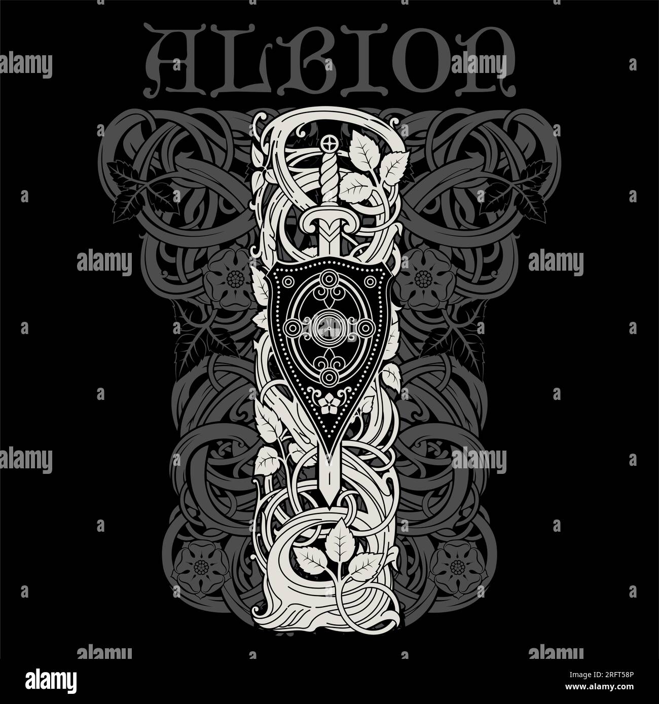 Design in a medieval knightly style. Knightly shield and sword in a ...